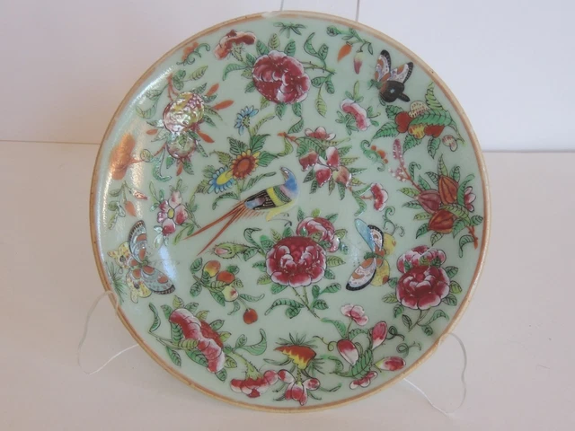 CHINESE EXPORT CELADON Famille Rose Enamel Plate Butterfly Birds Late ...