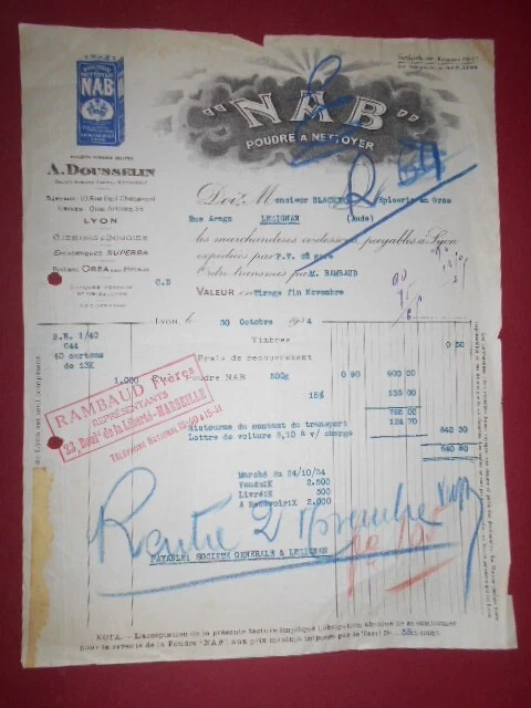 ANCIENNE FACTURE N A B nab poudre à nettoyer Lyon 1934 A Dousselin EUR ...