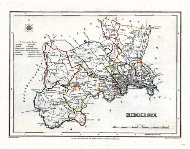 VINTAGE RARE OLD Historical English County Map of Middlesex Wall Art ...