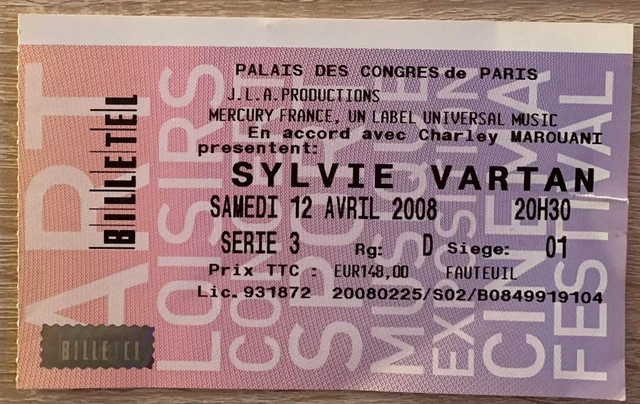 SYLVIE VARTAN - Ticket concert n° 01 - PDC Paris - Samedi 12 Avril 2008 ...