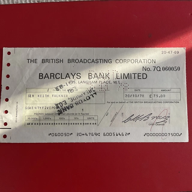 BBC CHEQUE FROM 1978 to and signed on back by SIR KEITH FALKNER £1.99 ...