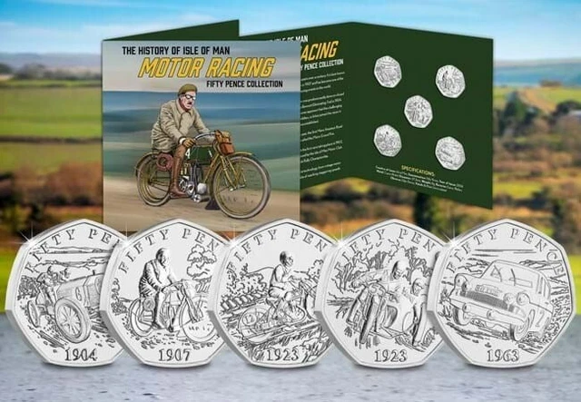 2024 NEW 5 x COIN 50p SET IOM HISTORY OF MOTOR RACING 2024 BU ...