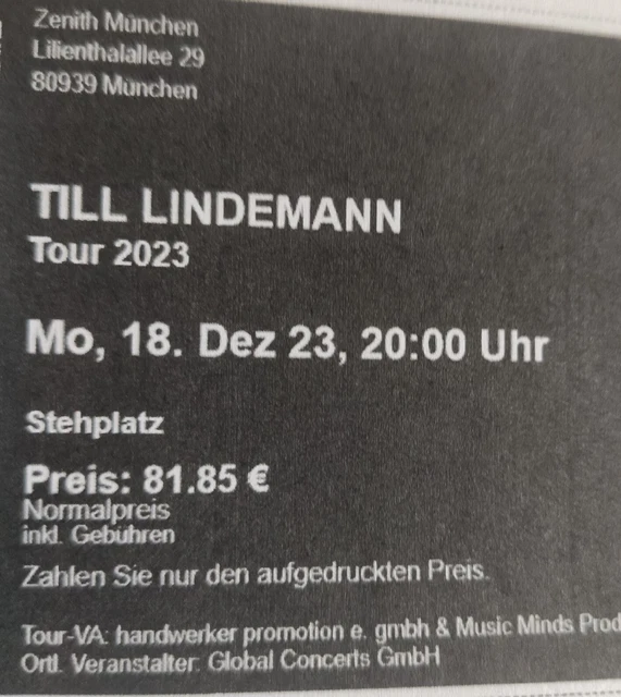 TILL LINDEMANN MÜNCHEN 18.12.2023 Stehplatz Ticket Email Pdf EUR 75,00 ...