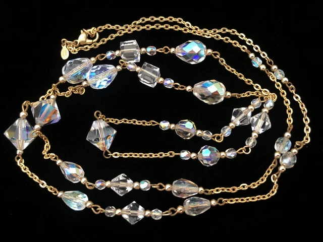 VINTAGE SIGNED KIRKS FOLLY 40" Long Aurora Borealis Crystal Gold-Tone ...