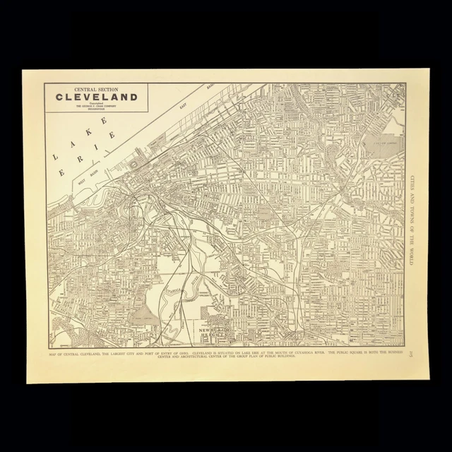 VINTAGE CLEVELAND MAP Downtown City Street Map Wall Art Original ...