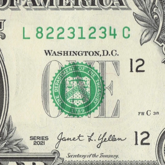 LADDER FANCY SERIAL Number One Dollar Bill L82231234C 1s 2s 3s 4s CU FW ...