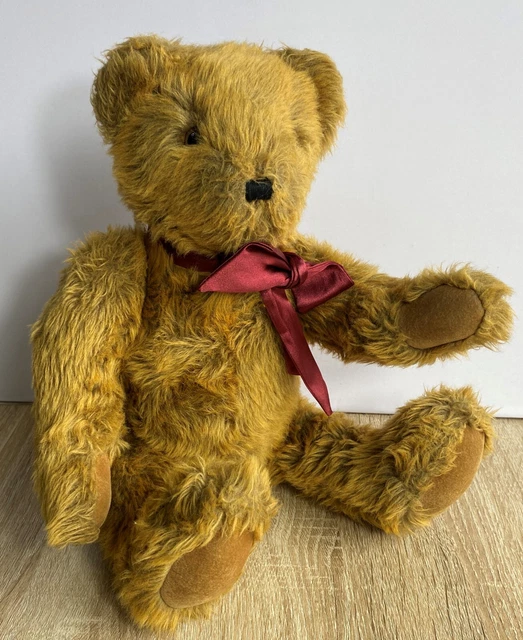 MOTHERCARE JOINTED BROWN Teddy Bear Wearing Maroon Ribbon Bow Soft Toy ...