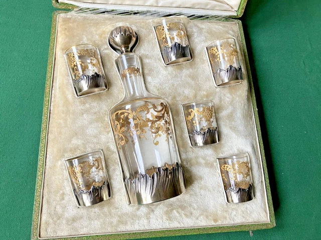 SERVICE LIQUEUR SAINT-LOUIS TALMA réhaussé or & cerclé argent massif en ...