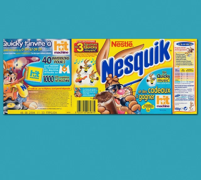 NESTLÉ NESQUIK 2004, étiquette de boîte de poudre 450 gr, offre Quicky ...