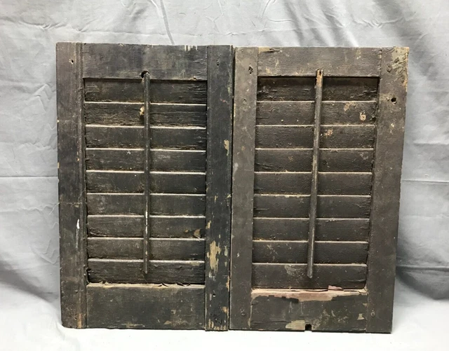PAIR ANTIQUE SMALL Window Wood Louvered Black Shutters 13x21 VTG Old ...