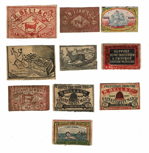 10 OLD BRITISH early 1900s Matchbox labels (panels) Bryant & May, R ...