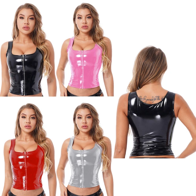 Damen Tank Crop Top Wetlook Lackleder ärmellos Unterhemd Kurz Oberteil
