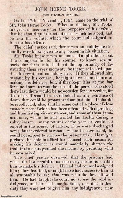 THE TRIAL OF John Horne Tooke, For High Treason, 1794: Together With ...