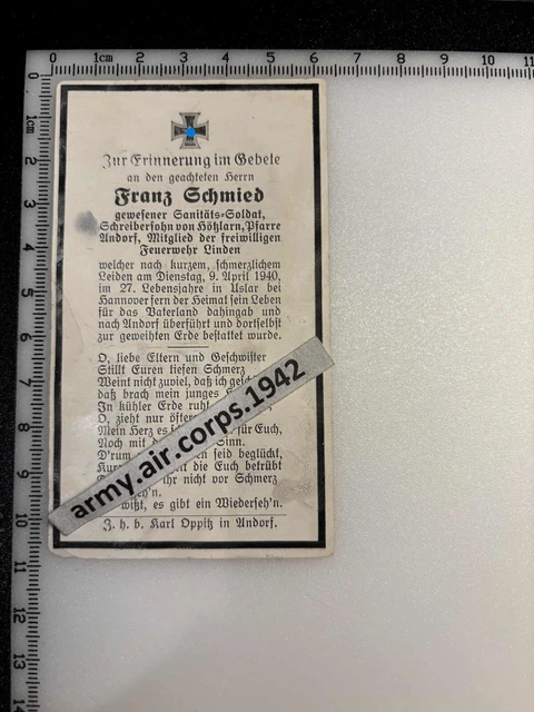 WW2 ORIGINAL GERMAN Heer Sterbebild Death Card FRANZ SCHMIED 9 April ...