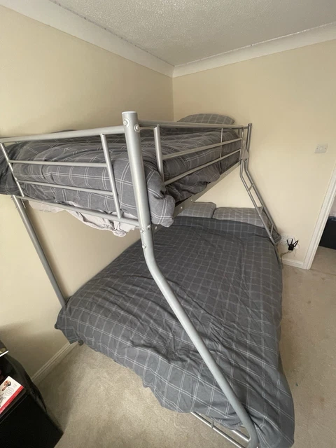 GREY METAL SINGLE &double Bunk Bed Frame with Built-In Ladder ...