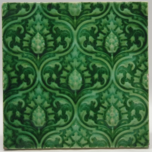 ANTIQUE FIREPLACE TILE Green Floral Moulded Majolica Minton Hollins ...