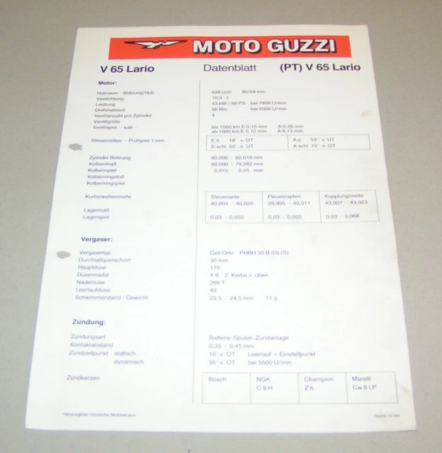 FICHE TECHNIQUE / Valeurs De Réglage Moto Guzzi V 65 Lario - État 1984 ...