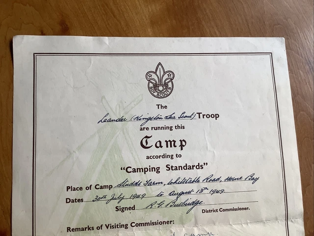 VINTAGE BOY SCOUT Camp “Camping Standards” Certificate 1949 Leander Sea ...