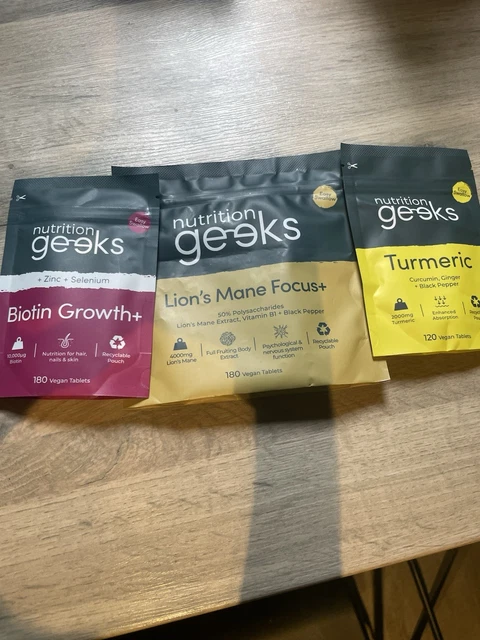 NUTRITION GEEKS, IRON +turmeric + Biotin + Lions Mane + Vitamin D3 £19. ...