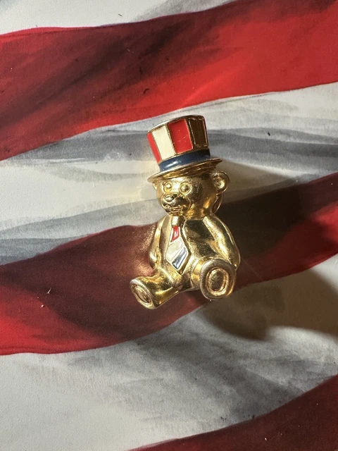 VINTAGE AVON GOLD Tone Lapel Pin Patriotic Teddy Bear Red White Blue ...