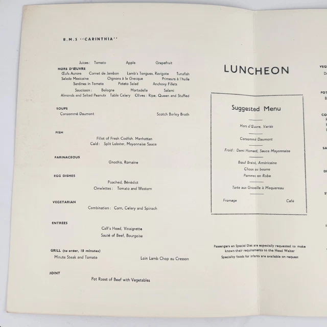 VINTAGE 1958 CUNARD Line Luncheon Menu Ocean Liner RMS Carinthia Artist ...