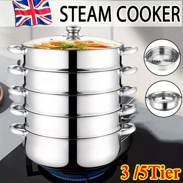 STAINLESS STEEL LARGE 28cm 3/5 Tiers Steam Cooker Steamer Pan Cook Food ...