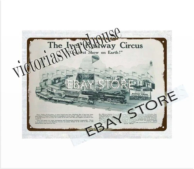 1928 IVES TOY TRAIN railway circus railway railroad metal tin sign pub ...