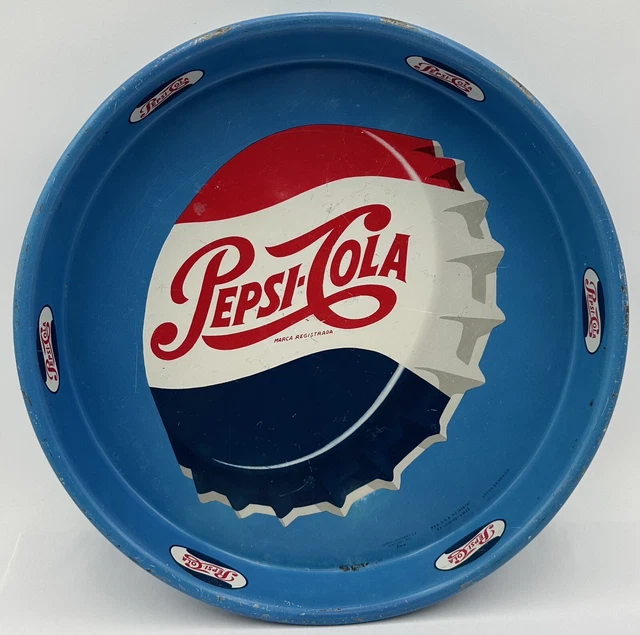 VINTAGE PEPSI COLA Bottle Cap Round Metal Serving Pub Tray Mexico Red ...