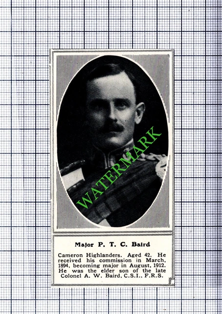 MAJOR P T C Baird Cameron Highlanders WW1 - 1915 SMALL Cutting £6.85 ...