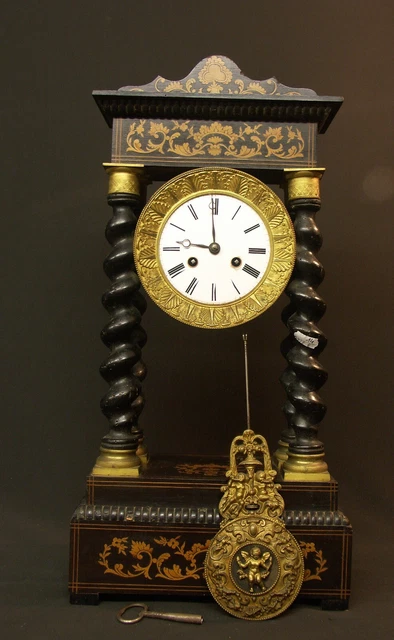 RARE PENDULE NAP III horloge portique à colonnes torsadées marqueterie ...
