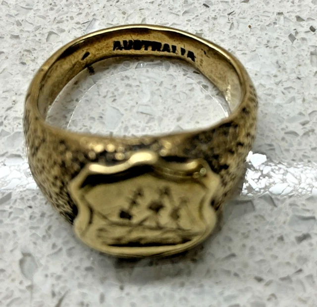 ANTIQUE VICTORIAN AUSTRALIAN Signet Ring Sailing Ship Seal Brass Gold ...