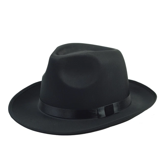 BLACK SATIN GANGSTER Fedora Brim Hat Men Trilby Dress Cap Prop Costume ...