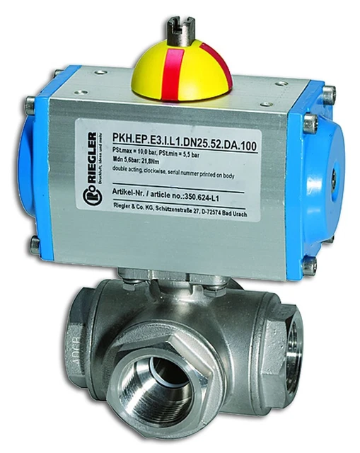 RIEGLER KUGELHAHN 3/2 Wege Edelstahl - Stellantrieb Rp 1/2 - T-Bohrung T2, dopp EUR 321,17 ...