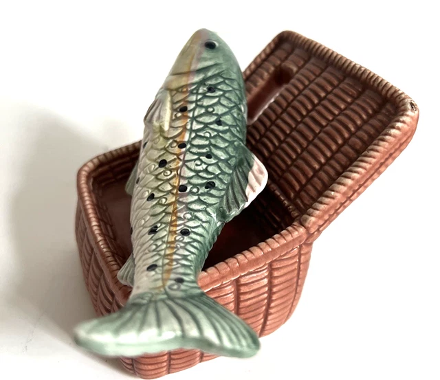 RARE VINTAGE SALT & Pepper Trout Fish with Basket Fisherman /Woman Gift ...
