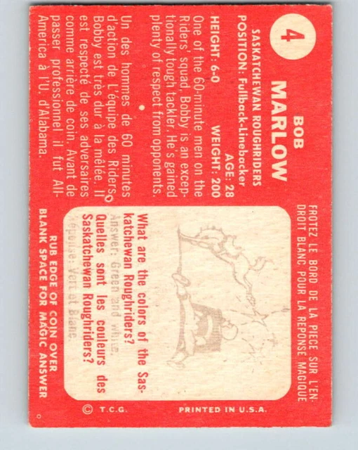 1958 TOPPS CFL Football #4 Bob Marlow . Saskatchewan Roughriders V32567 ...