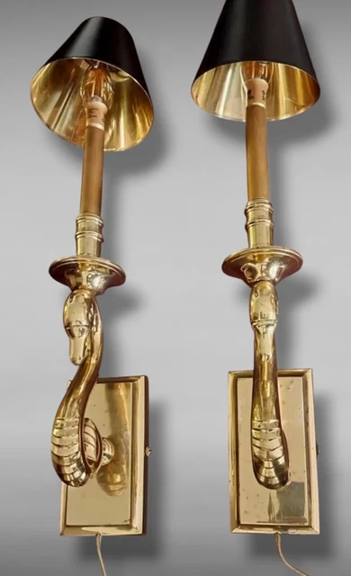 MID CENTURY MODERN Metal Shaded Brass Wall Swan Lamp Sconces Light ...