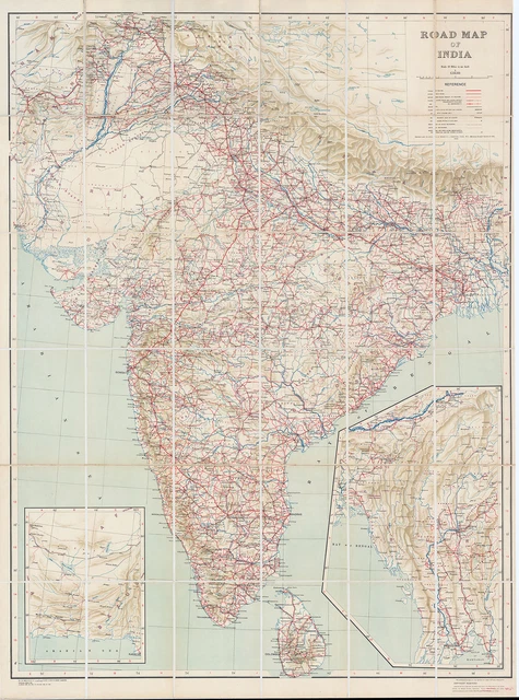 1936 ROAD MAP OF INDIA Large Original Vintage Folding Wall Map Couchman ...