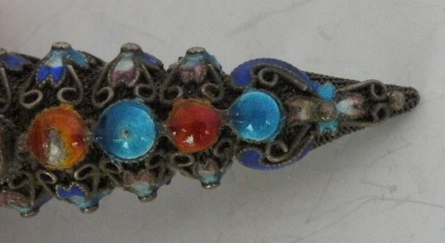 ANTIQUE CHINESE EXPORT Silver Finger Guard Pin, Brooch enamel filigree ...