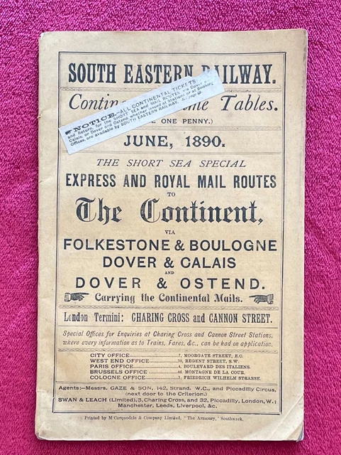 1890 SOUTH EASTERN RAILWAY TIMES TABLES BOOKLET w/ RWY MAPS of ENGLAND ...