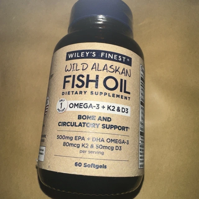 WILEY'S FINEST WILD Alaskan Fish Oil Omega-3 + K2 + D3 500mg 60's £40. ...