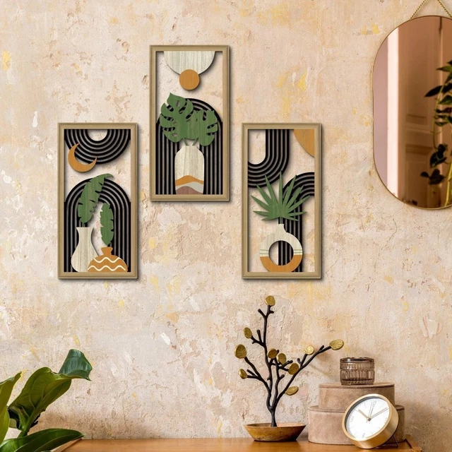 3-PIECE BOHO WOODEN Wall Art Set Nature Theme Rustic Home Decor 40x20cm ...