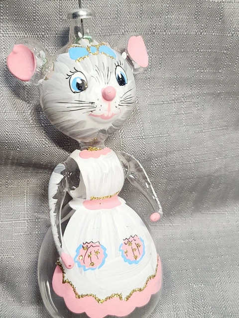 VINTAGE NEIMAN MARCUS Mouse in Apron Blown Hand Painted Glass Christmas ...