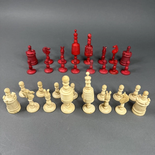 RARE ANTIQUE BOVINE Bone Chess Set Red White Pieces Wood Box Dated 1874 ...