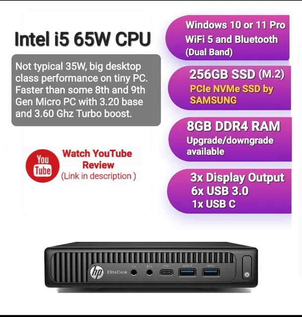 HP ELITEDESK TINY PC i5 3,60 GHz 8 Go RAM 256 Go NVMe SSD WiFi BT PC ...
