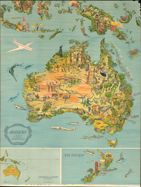 1947 LINDBLAD PICTORIAL Map of Australia, New Zealand, and Indonesia £ ...
