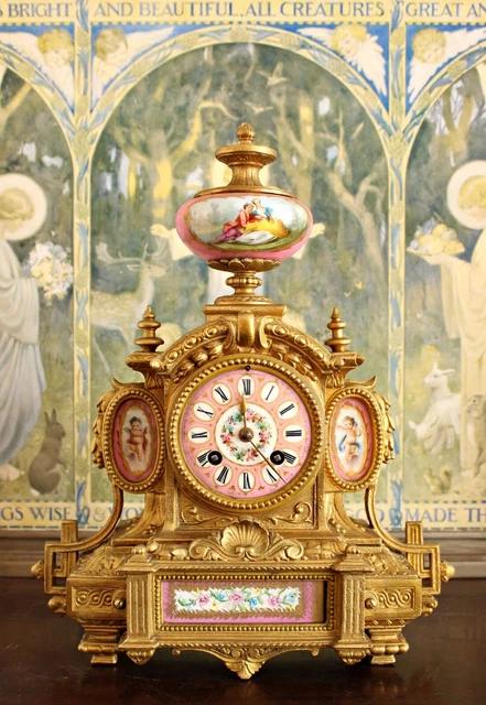 ANTIQUE FRENCH MANTEL Clock, Ormolu, Painted Porcelain Panels, Cherubs ...