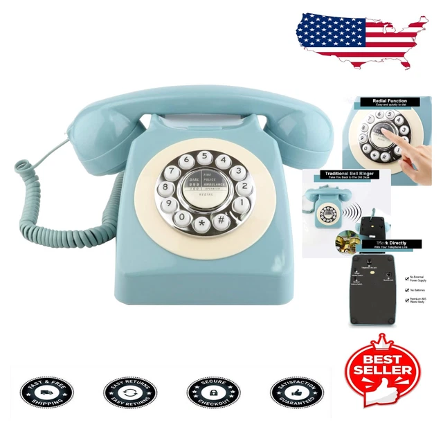 ELEGANT RETRO CORDED Phone: Blue Push-Button Dial with Caller ...