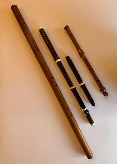 3 WOODEN TRANSVERSE flutes: cross flute / traverso, Renaissance bass ...