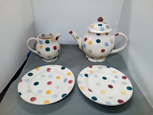 EMMA BRIDGEWATER POLKA Dot Tea Pot, Creamer And 2x Small Plates Bundle ...