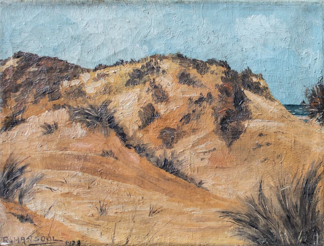 RENÉ HANSOUL DUNE paesaggio Oostende Belgio surrealismo olio tela 1928 ...